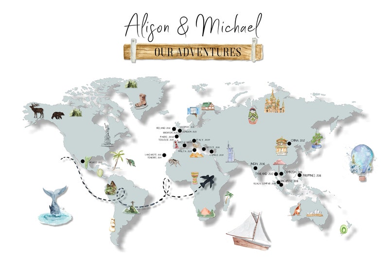 Couple Travel Destination Map Print, Personalised, Watercolour ...