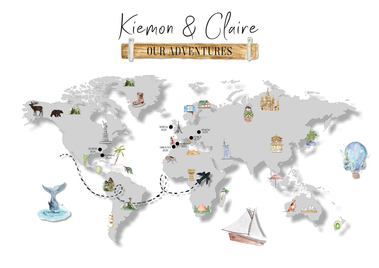 Couple Travel Destination Map Print, Personalised, Watercolour ...