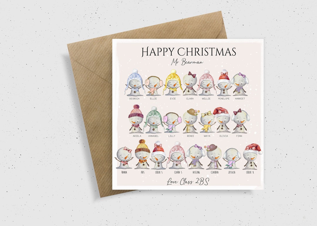 Personalised Teacher Christmas Card, Snowmen Class Gift, Whole Class ...