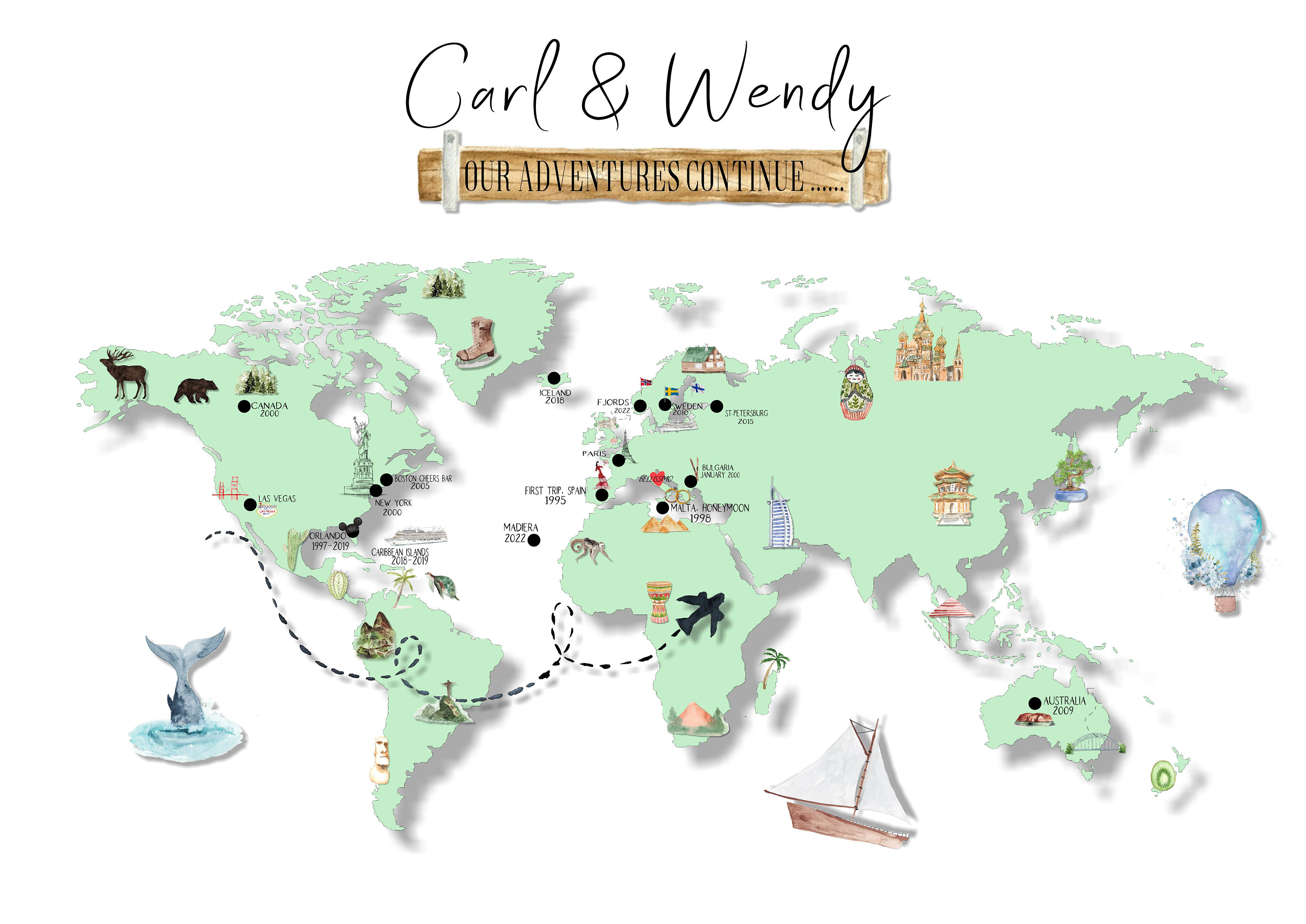 Couple Travel Destination Map Print, Personalised, Watercolour ...