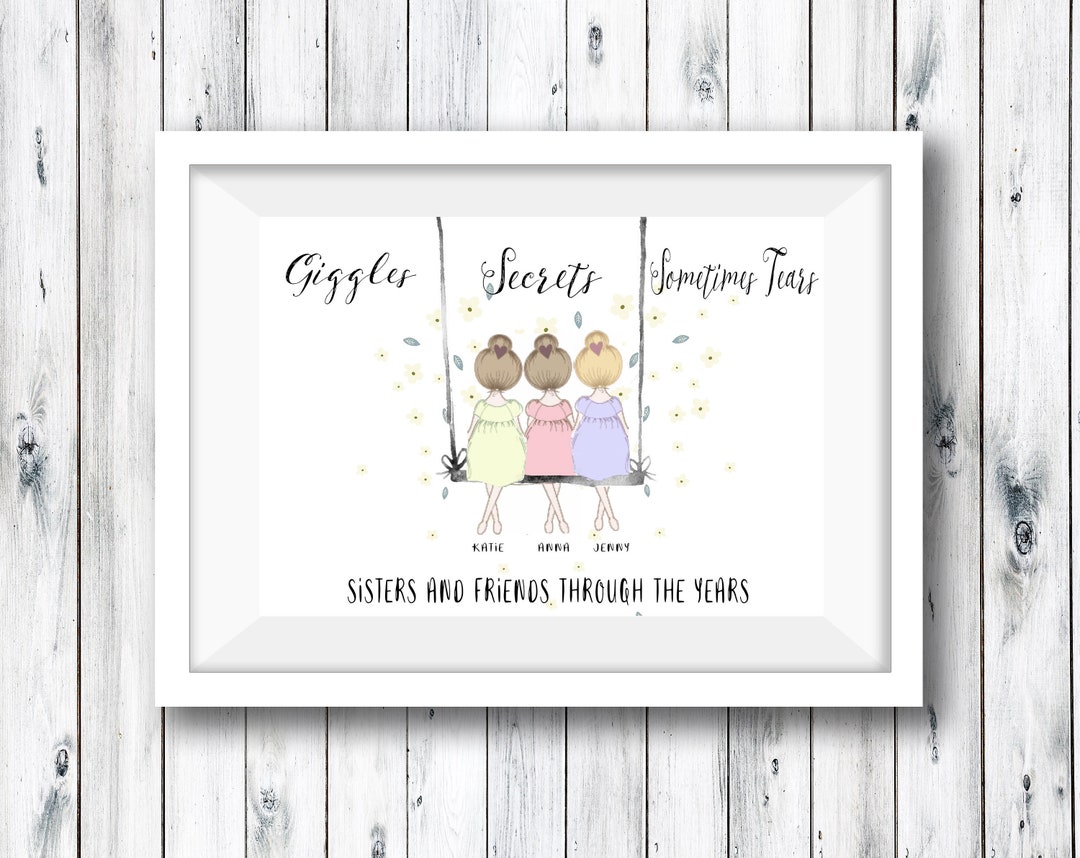 Sisters on a Swing Wall Art, Personalised Gift for Sisters, Custom Hair ...