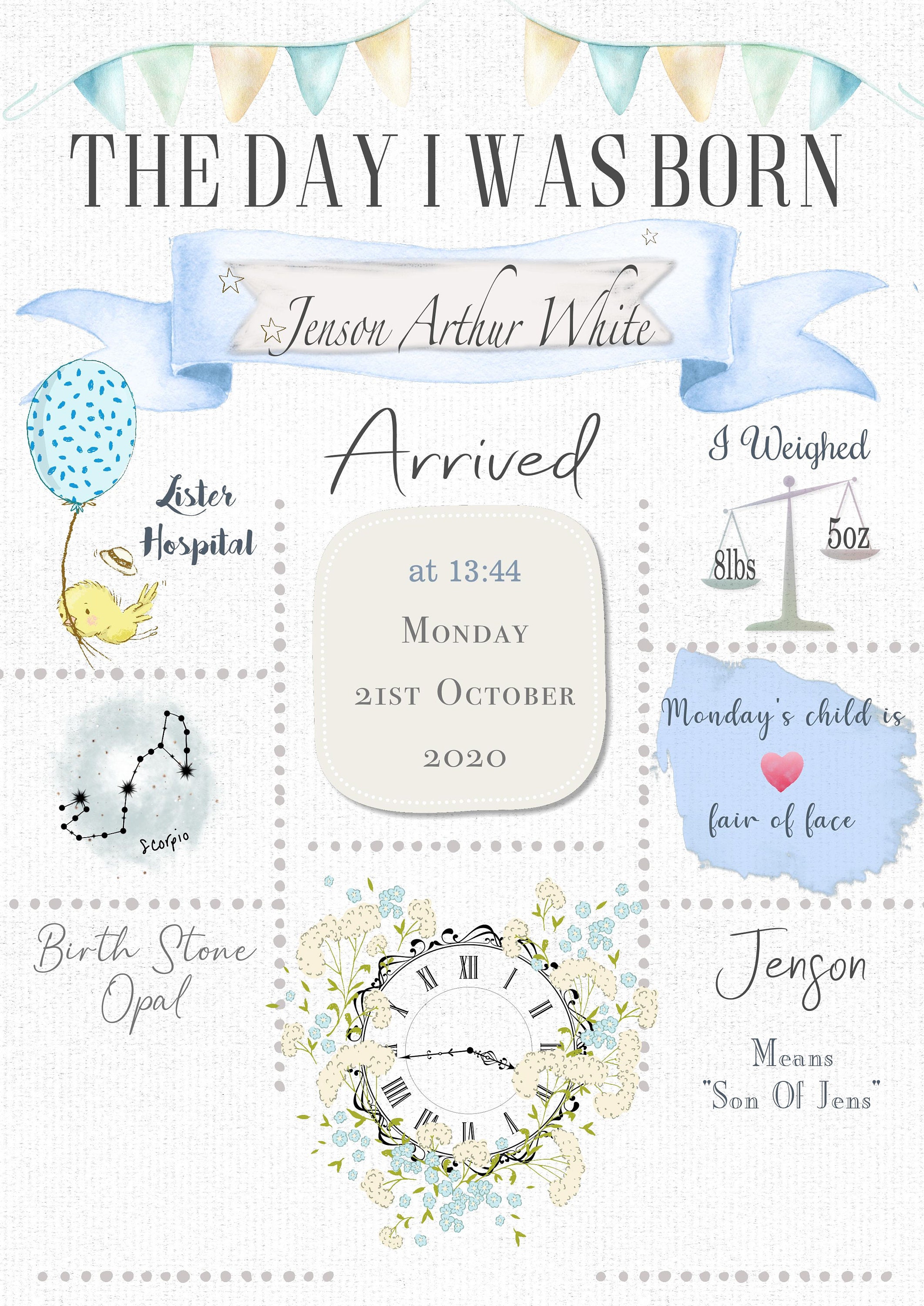 The Day I Was Born Poster, New Baby Poster, Birth Details Print, Baby ...
