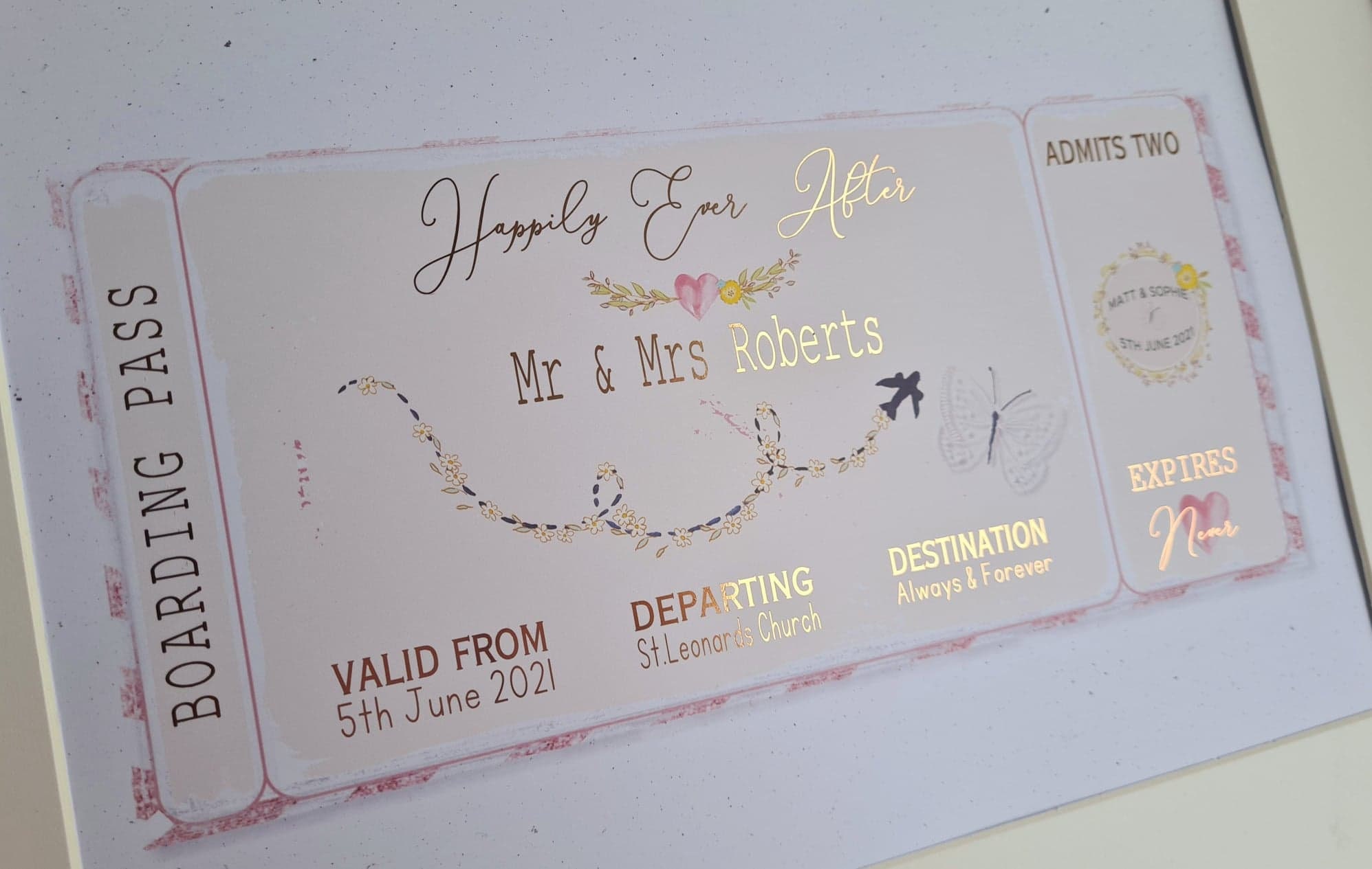 Couple's Wedding Ticket Boarding Pass Foil Personalised - Etsy UK