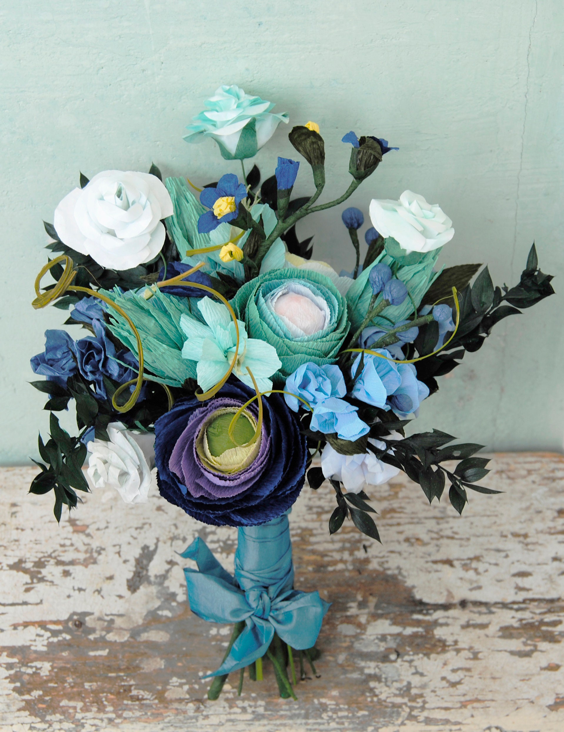 Paper flower bouquet Blue and Teal Ranunculus bouquet | Etsy