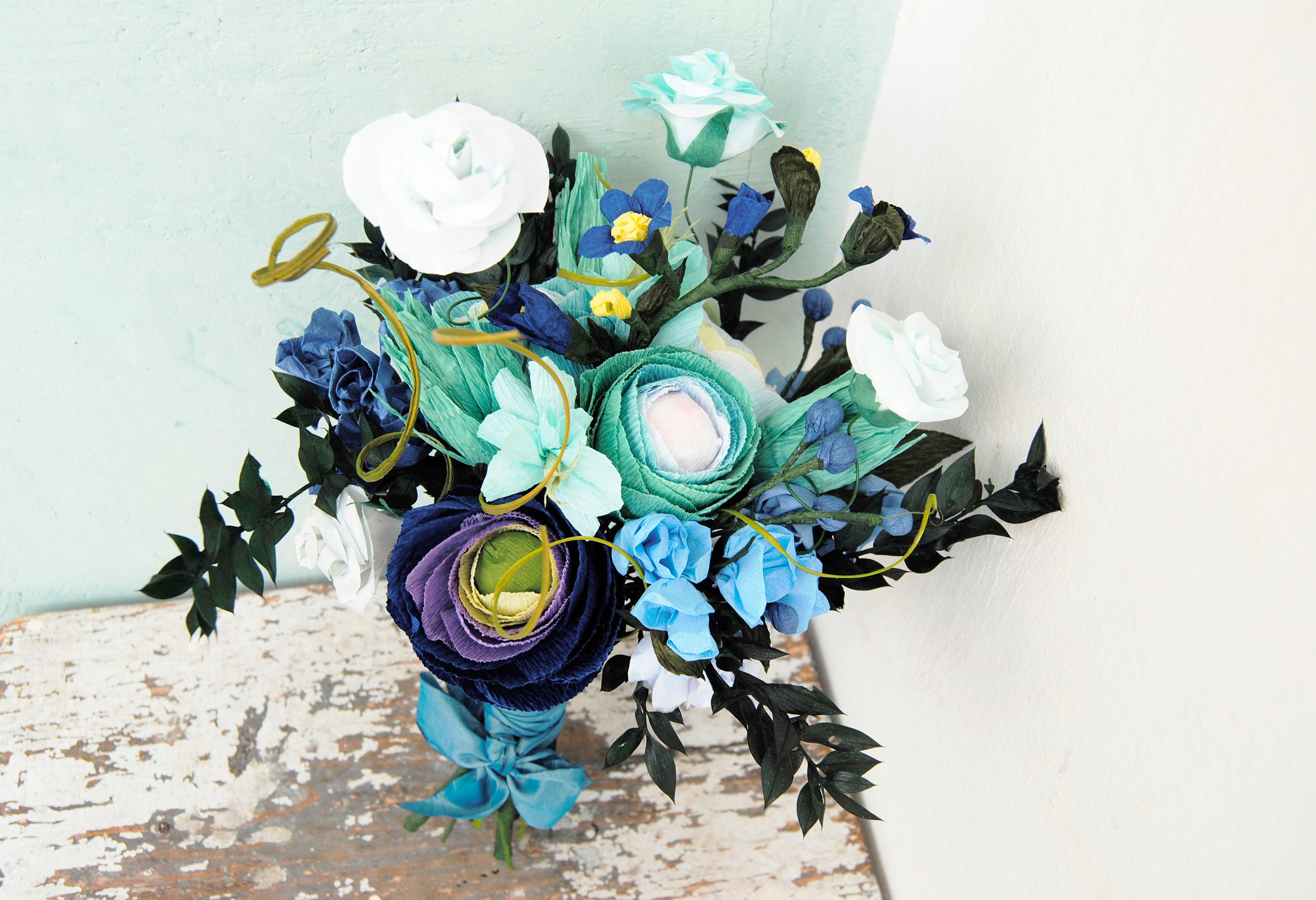 Paper flower bouquet Blue and Teal Ranunculus bouquet | Etsy