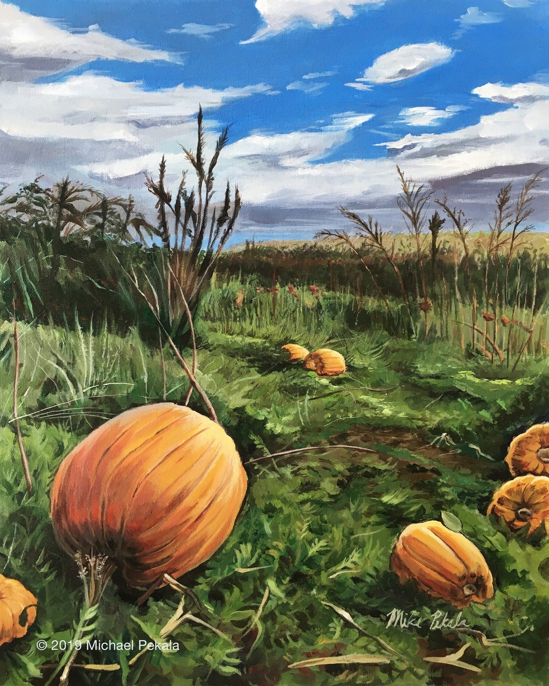 Pumpkin Patch Acrylic Painting Matted Print, Autumn on Farm, Archival ...