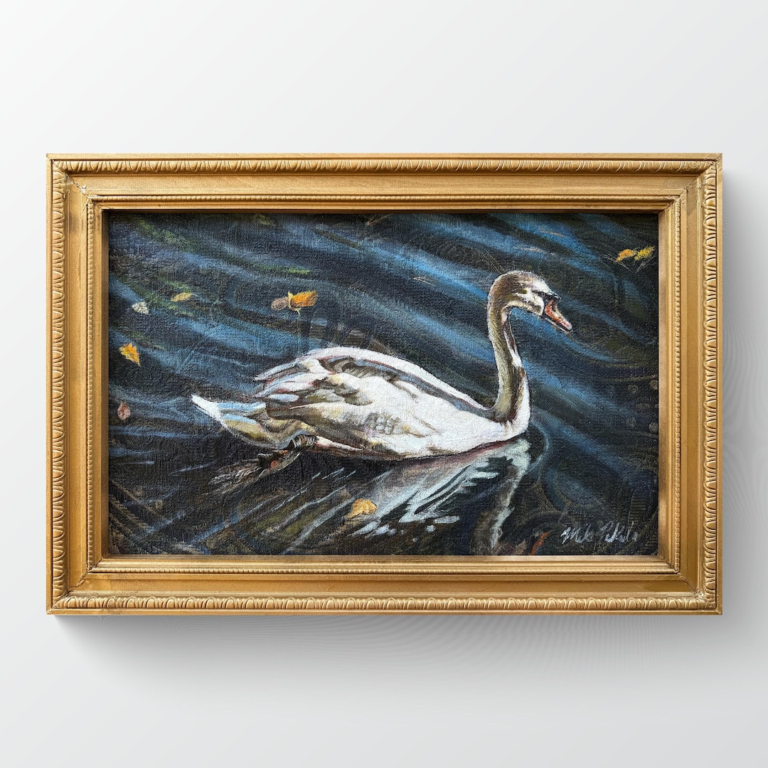 Swan Painting: Acrylic on Upholstery Fabric, Framed Waterscape Art - Etsy