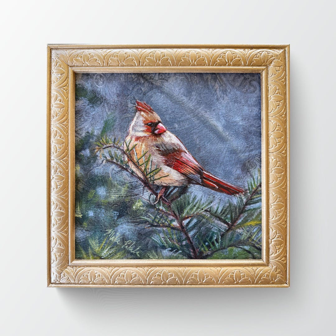 Original Acrylic Cardinal Painting on Upholstery Fabric - Gold Frame - Etsy