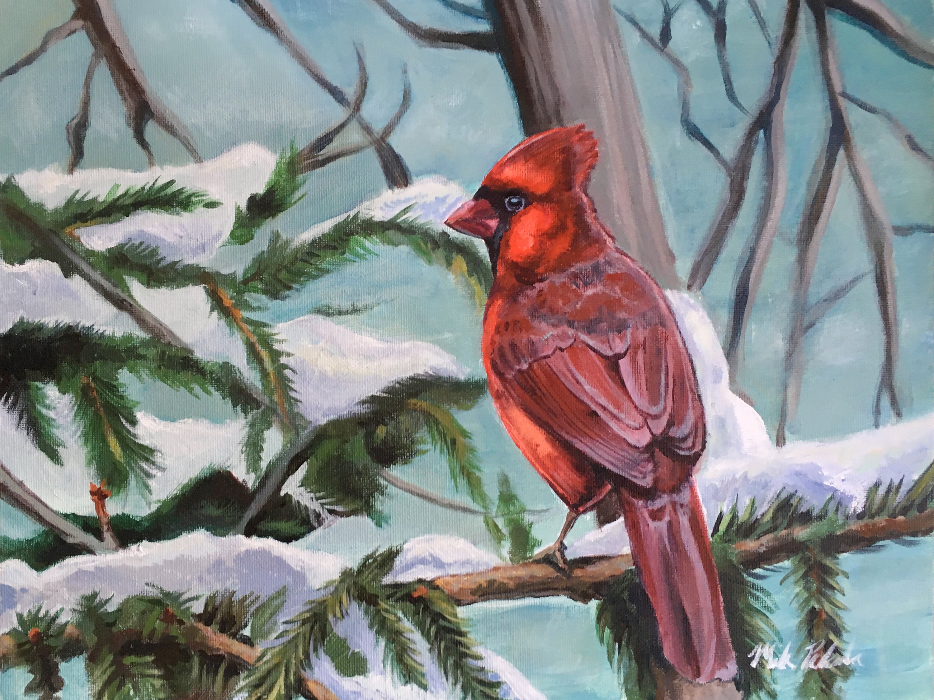 Cardinal in Winter Painting, Acrylic on Canvas, Archival 8x10 print ...