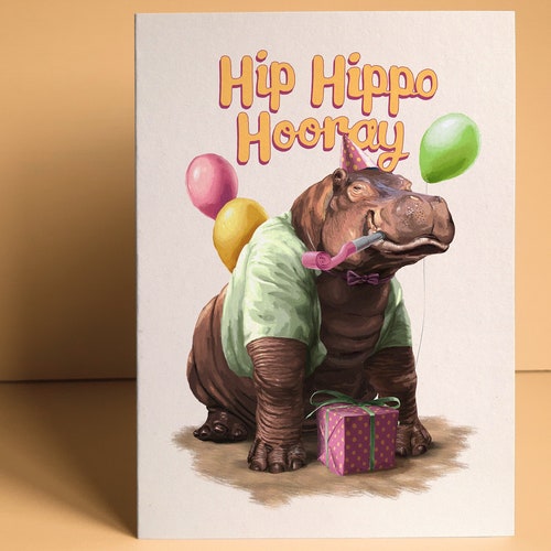 Party Hippo Greetings Card // Blank A6 Card // Party Animals - Etsy