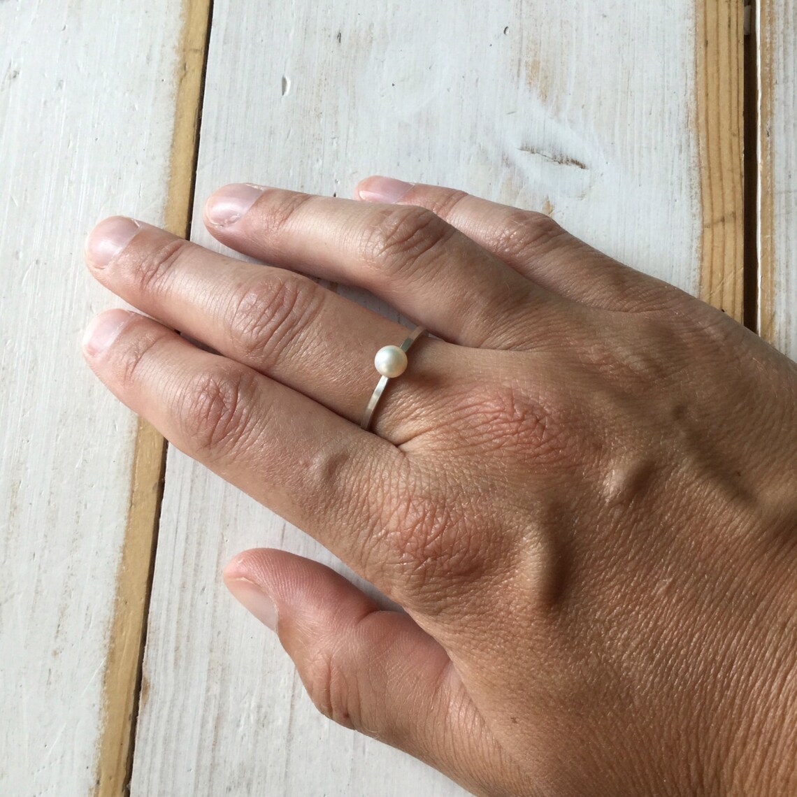 Pearl Stacker Ring, White Freshwater Pearl Ring, Sterling Silver and Pearl Ring, Silver Pearl ...