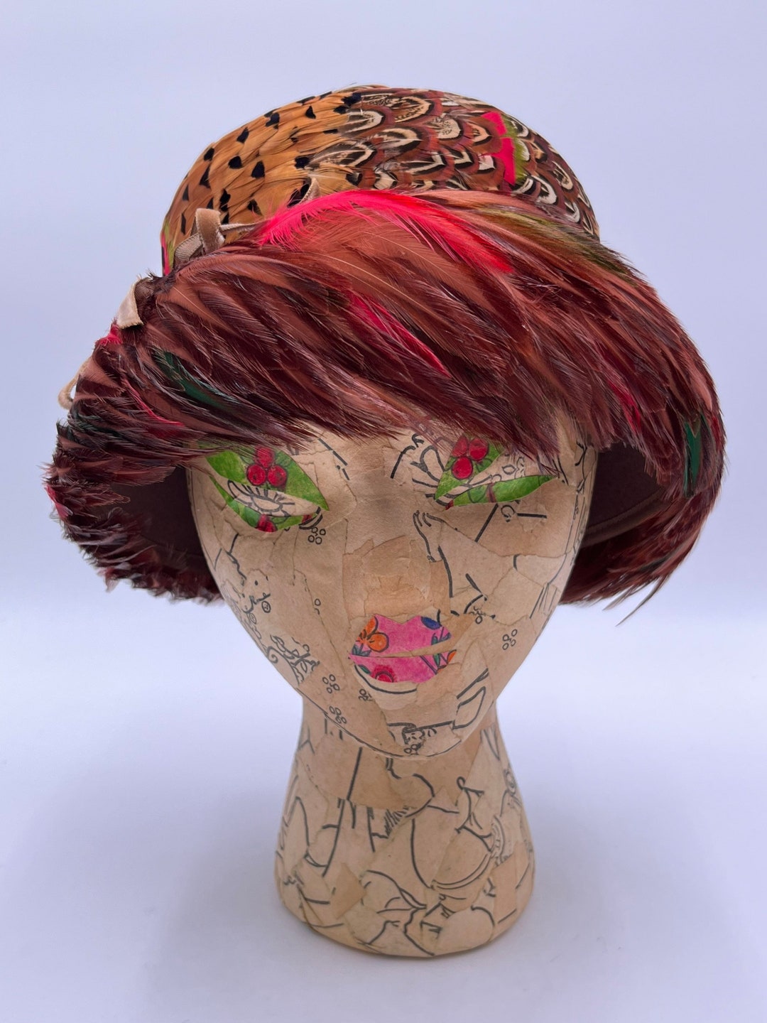 1950s Gorgeous Vintage Multi-colored Travel/train Feather Bucket Hat ...