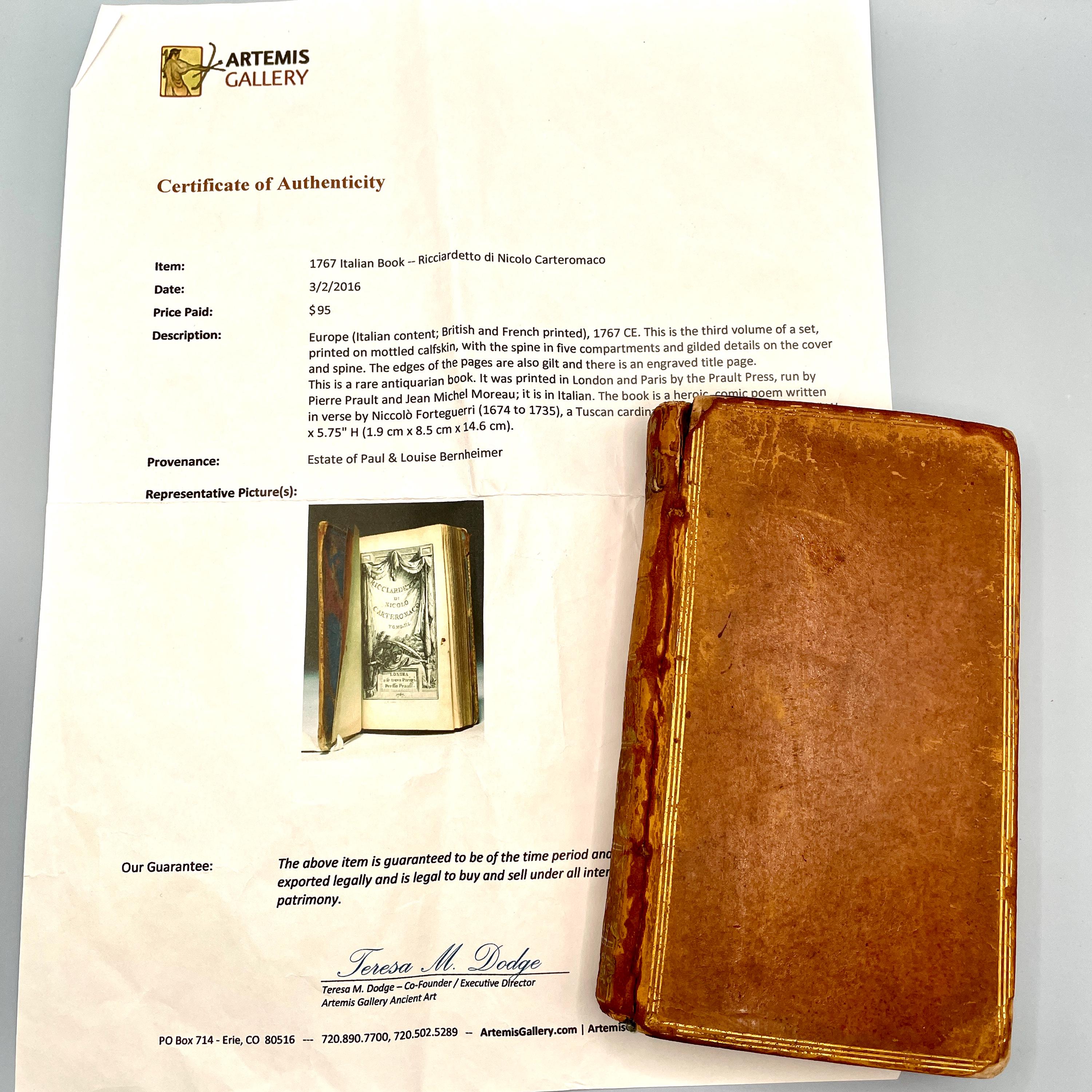 Antique Italian Poetry Book: by Niccolo Forteguerri With Certificate of ...