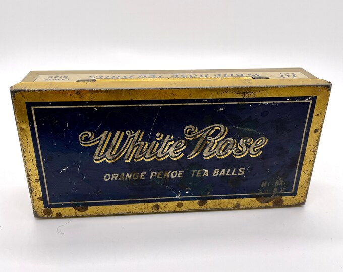 Vintage White Rose Tea Tin Rustic Litho Tin Box Orange Pekoe Tea Balls ...
