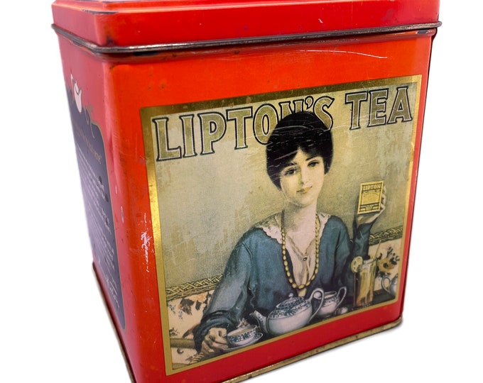 Vintage Lipton Tea Tin, Reproduction 1940s Advertisement on Red Square ...
