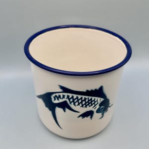 White and Blue Enamelware Fish Mug - Etsy