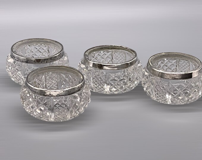 Antique Silver Rimmed Glass Salt Cellars, Birmingham Sterling Silver ...