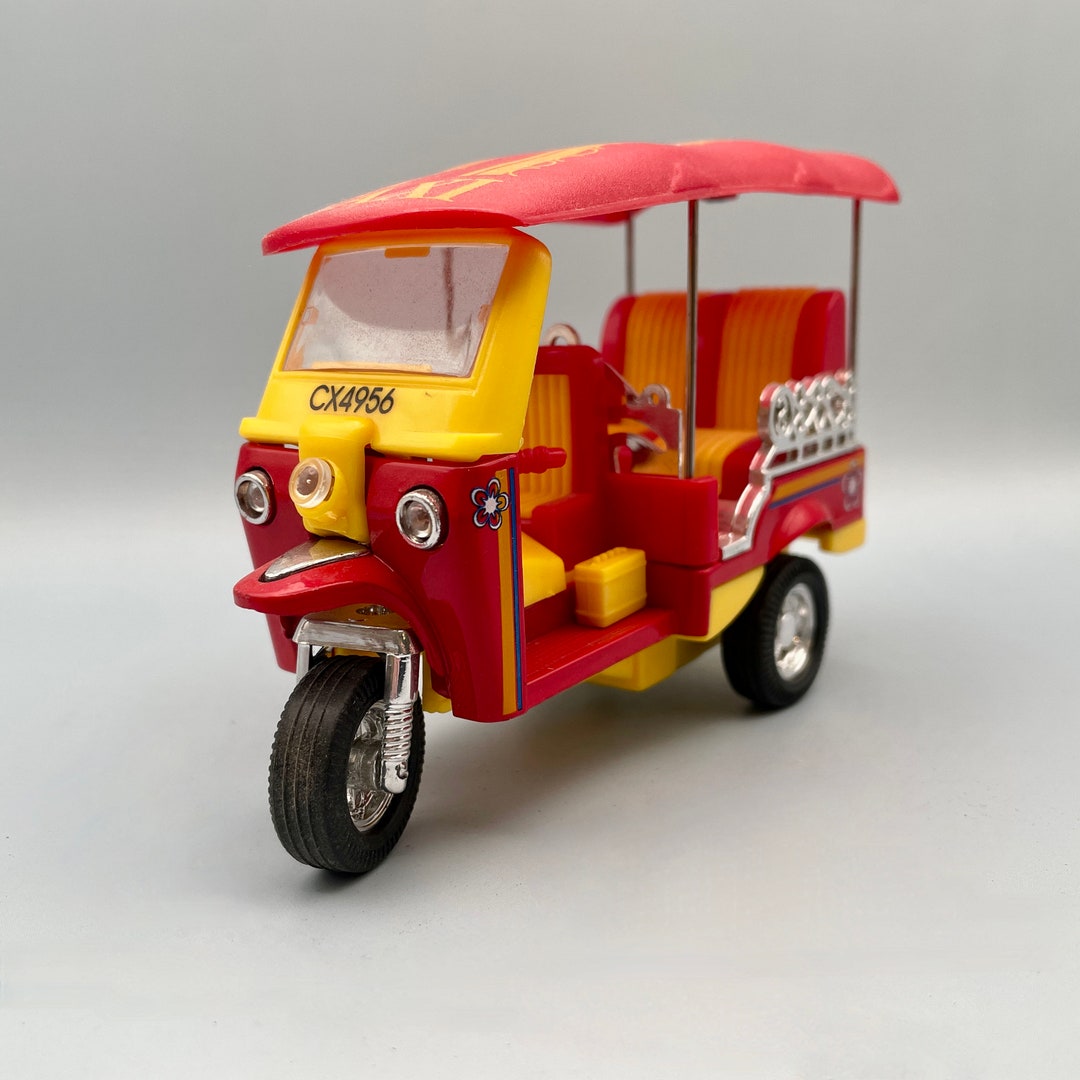 Bright Red and Yellow Tuk Tuk Friction Three Wheeled Car Toy, Pull Back ...