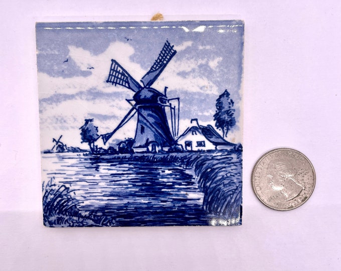 Vintage Delft Blauw Windmill Tile Tiny Art Tile Wall Hanging Kitchen ...