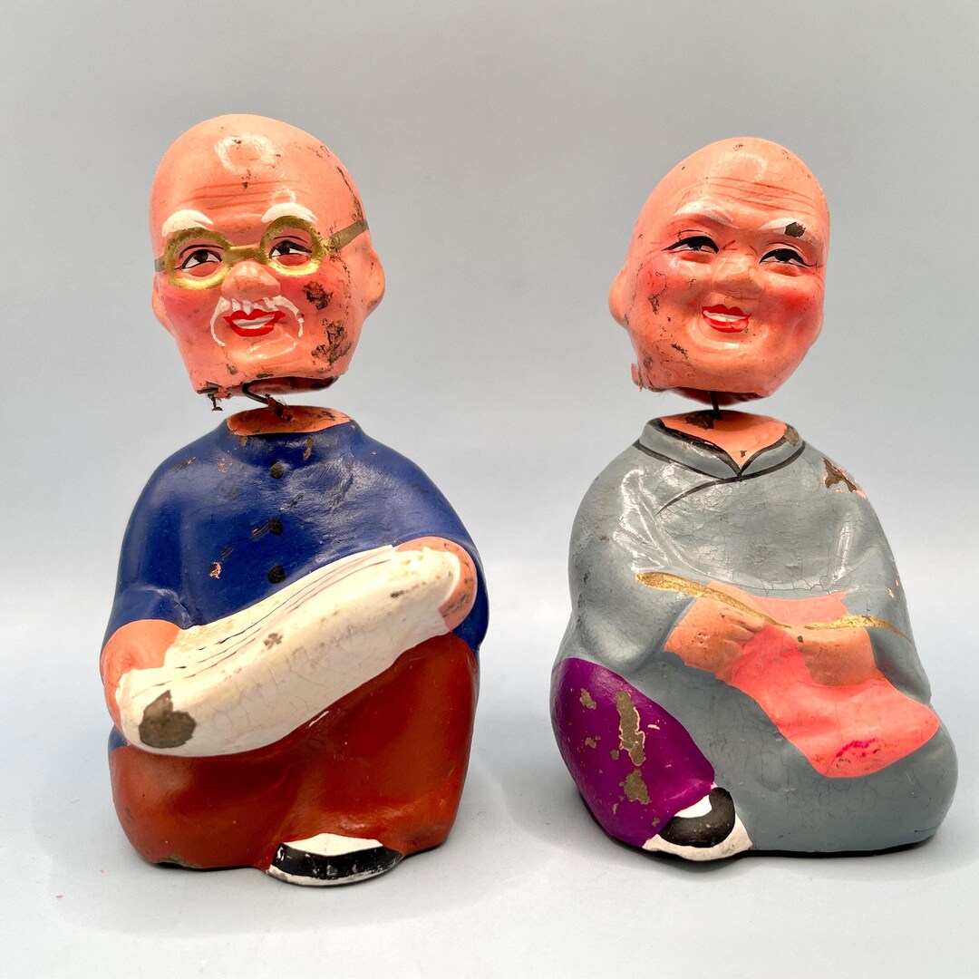 Vintage Asian Old People Wuxi Clay Bobbleheads - Etsy
