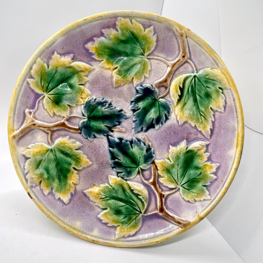 Antique Majolica Leaf Cake Stand, Griffin Smith Hill Pottery Maple Leaf Design Pillar Candle ...