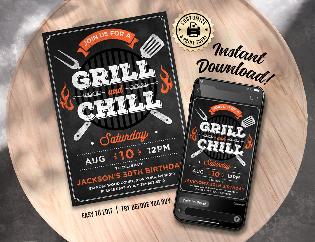 Editable Grill & Chill BBQ Invitation Tailgate Cookout Party Casual ...