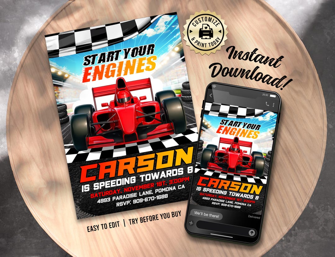 Race Car Birthday Invitation | Editable Grand Prix Car Racing Theme ...