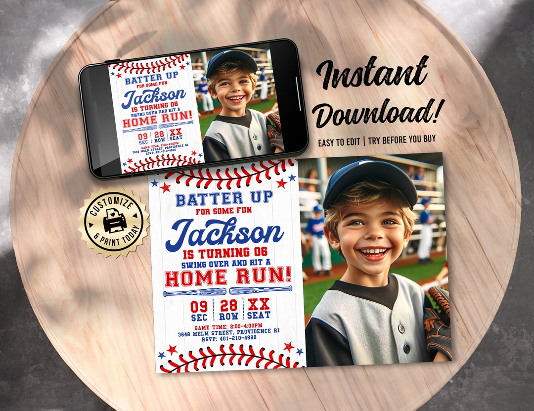 Baseball Birthday Photo Invitation Batter up Kids Sports Editable Party ...