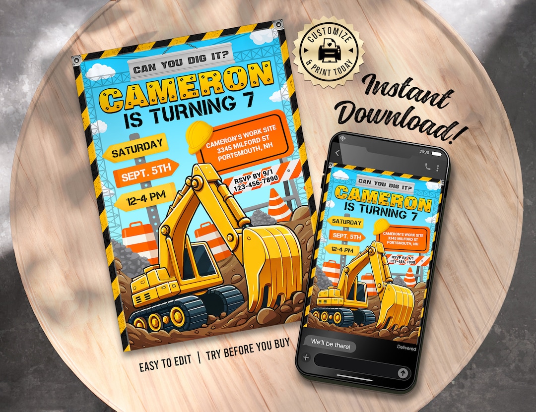 Construction Birthday Invitation | Editable Excavator Digging Road Work ...