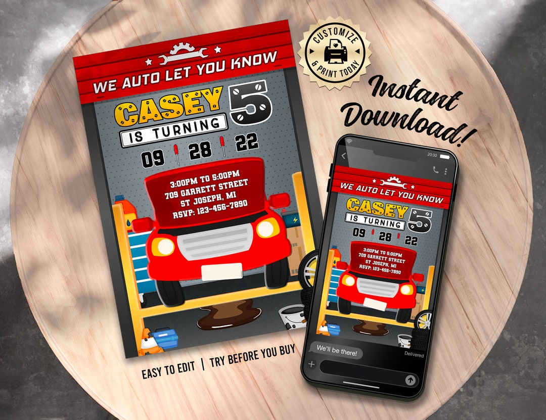 Car Shop Birthday Invitation | Editable Auto Repair Mechanic Garage ...