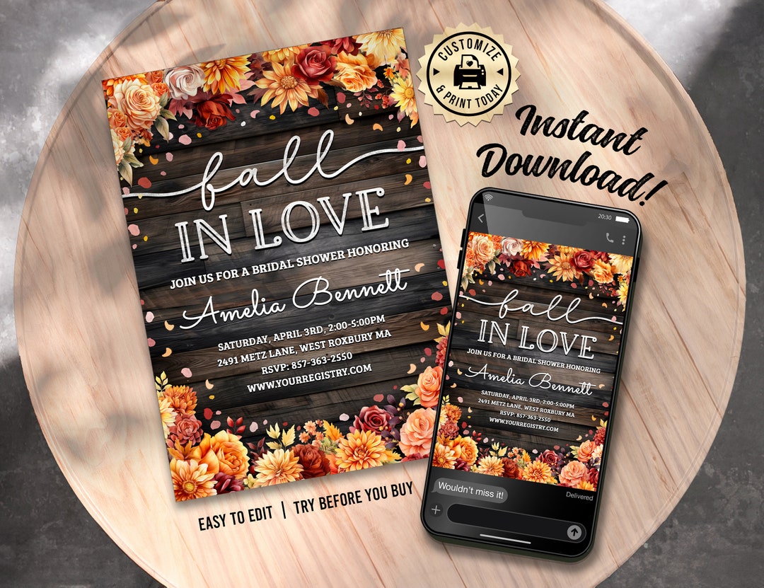 Fall in Love Bridal Shower Invitation | Rustic Autumn Boho Barn ...