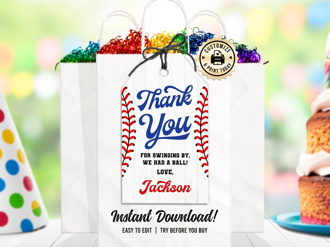 Baseball Thank You Tag | Editable Sports Game Home Run Kids Birthday ...