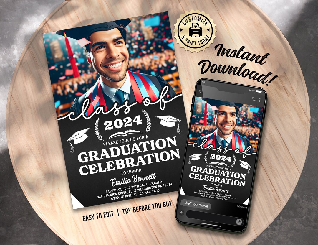 Graduation Party Photo Invitation Editable Cap Toss Minimal Congrats ...