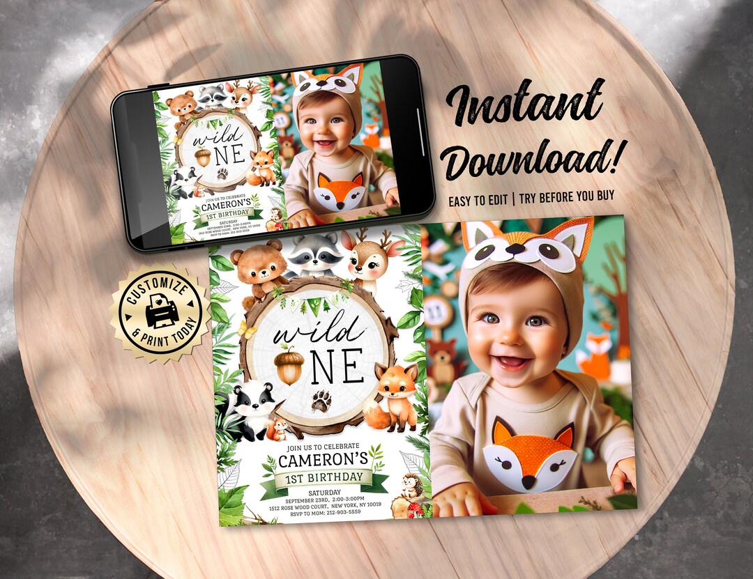 EDITABLE Wild One Woodland Baby Forest Friends Animals Stump First ...