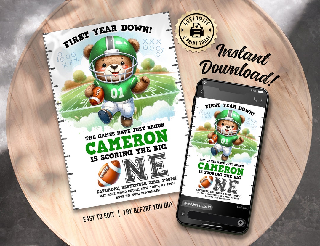 EDITABLE First Year Down Football Team Green Teddybear Sports Game 1st ...