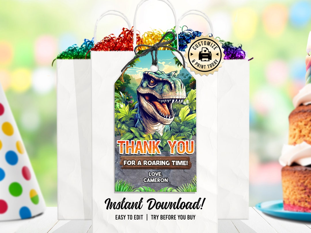 T-rex Birthday Thank You Tag | Jurassic Dino Dig Theme Editable Kids ...