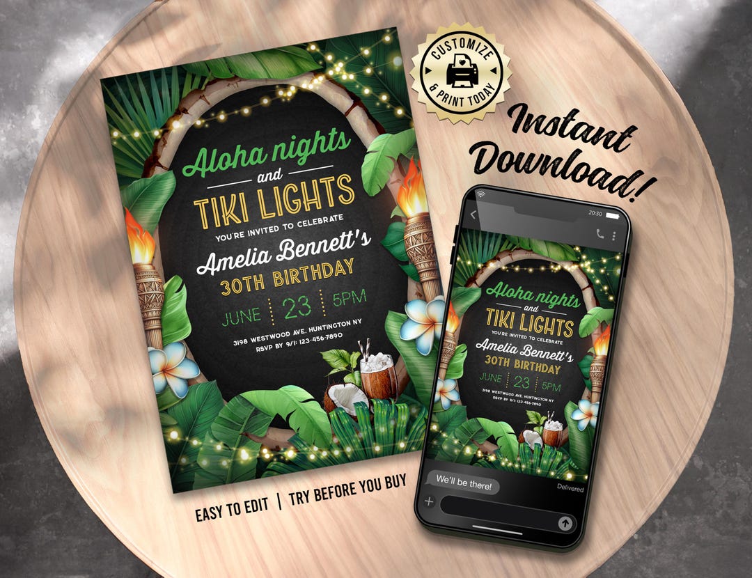 Tiki Birthday Invitation | Editable Hawaiian Luau Tropical Adult ...