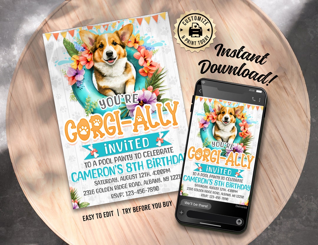 Corgi Pool Party Birthday Invitation | Editable Funny Dog Paddle Kids ...