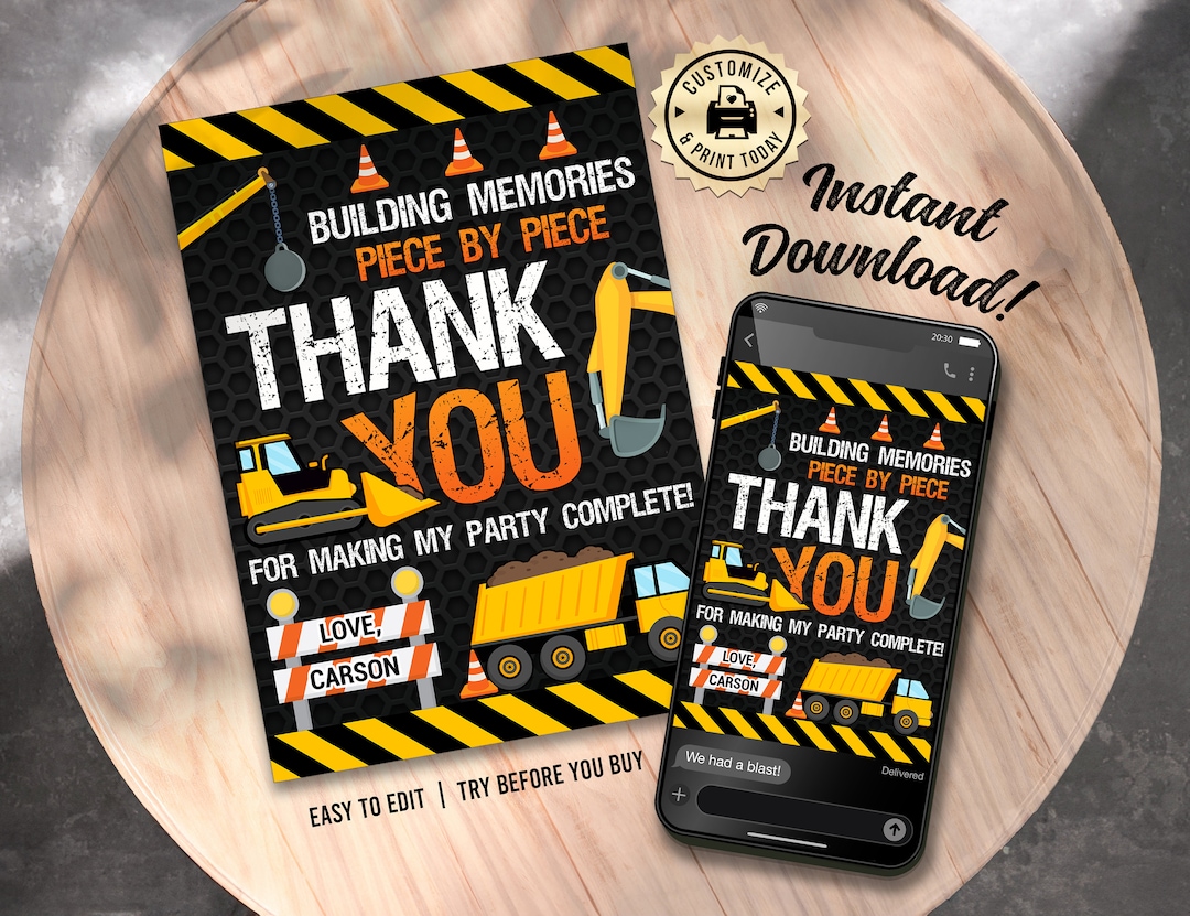 Construction Thank You Card | Editable Kids Birthday Party Favor Card ...