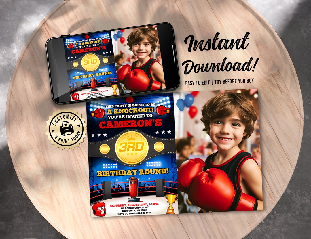 Pro Boxer Birthday Photo Invitation | Editable Boxing Tournament ...