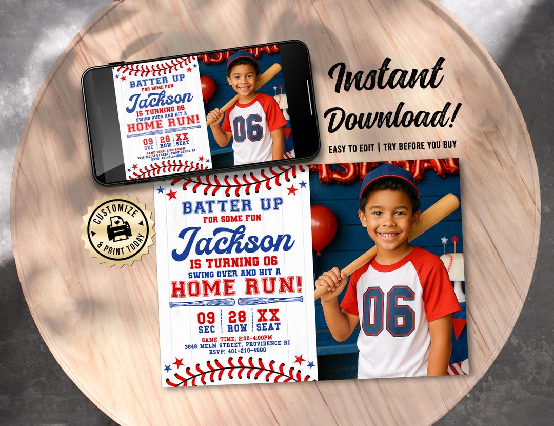 Baseball Birthday Photo Invitation | Editable Batter up T-ball Kids ...