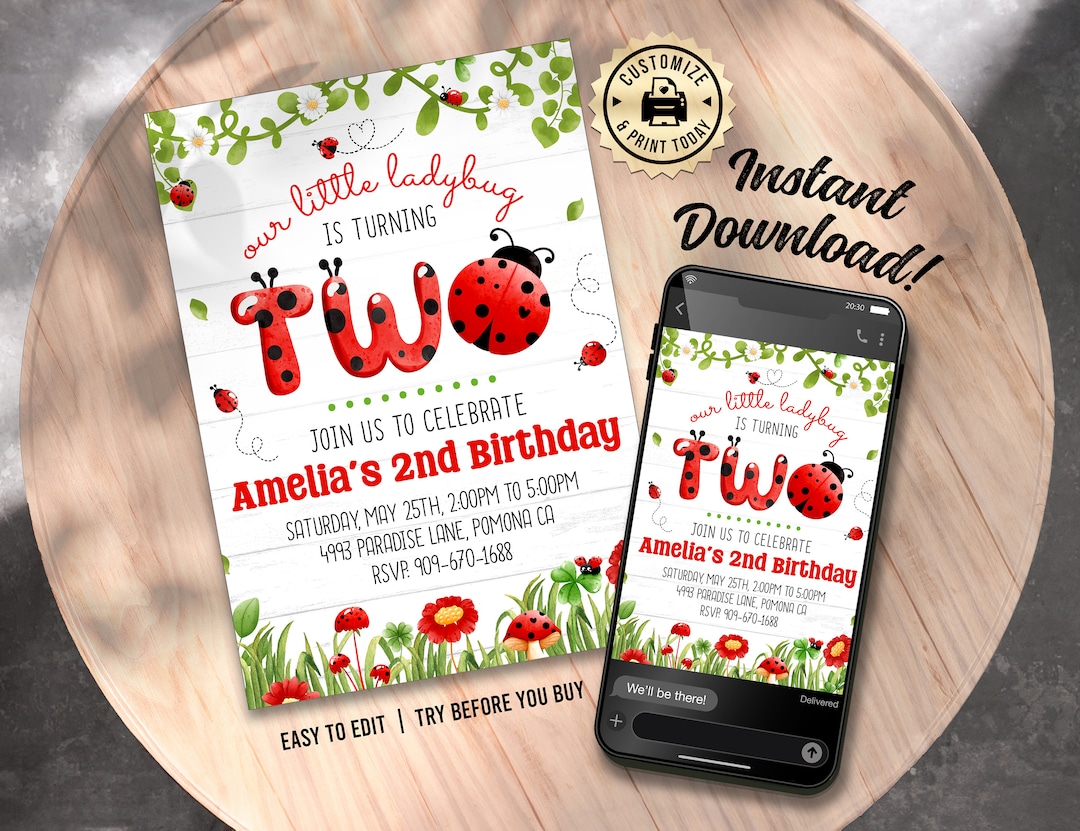 Little Ladybug 2nd Birthday Invitation | Editable Baby Girl Garden ...