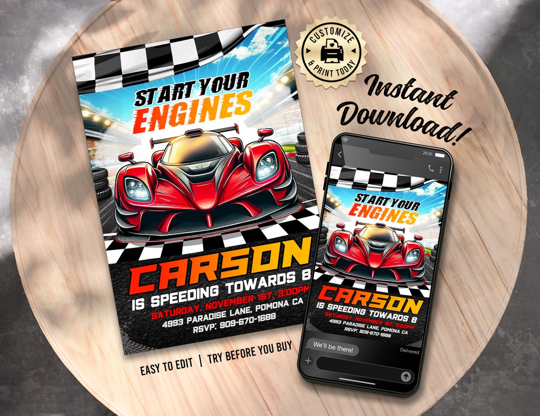 Race Car Birthday Invitation | Editable F1 Go Kart Speedway Kids Party ...