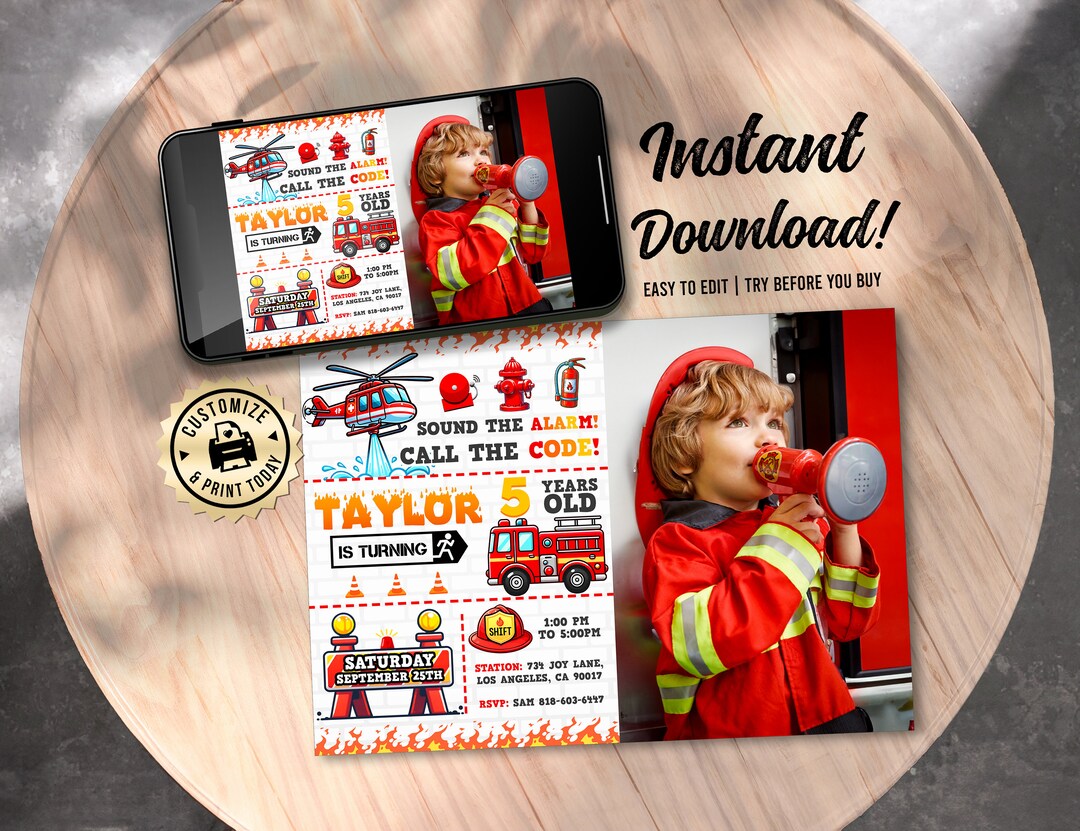 Firefighter Birthday Photo Invitation | Editable Fire Truck Little Hero ...