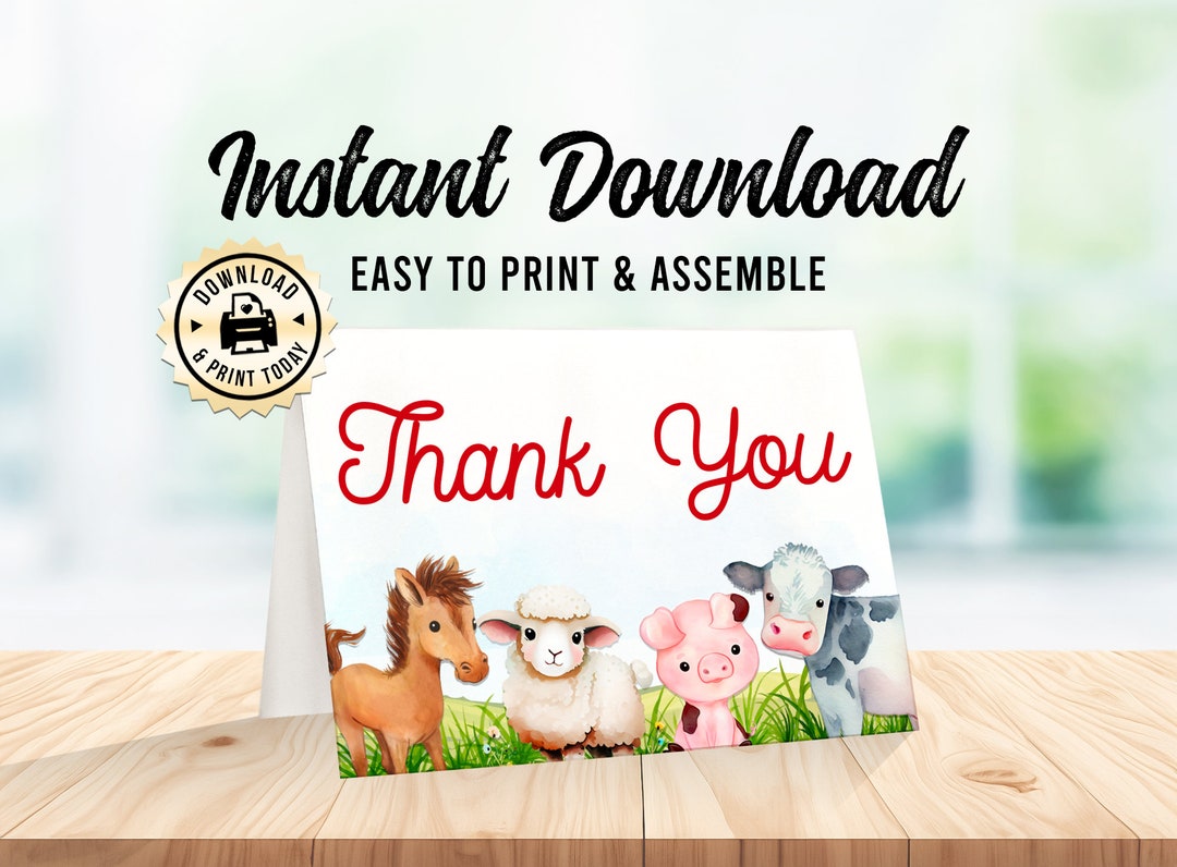 Farm Animals Thank You Card Barnyar Birthday or Baby Shower Party Favor ...