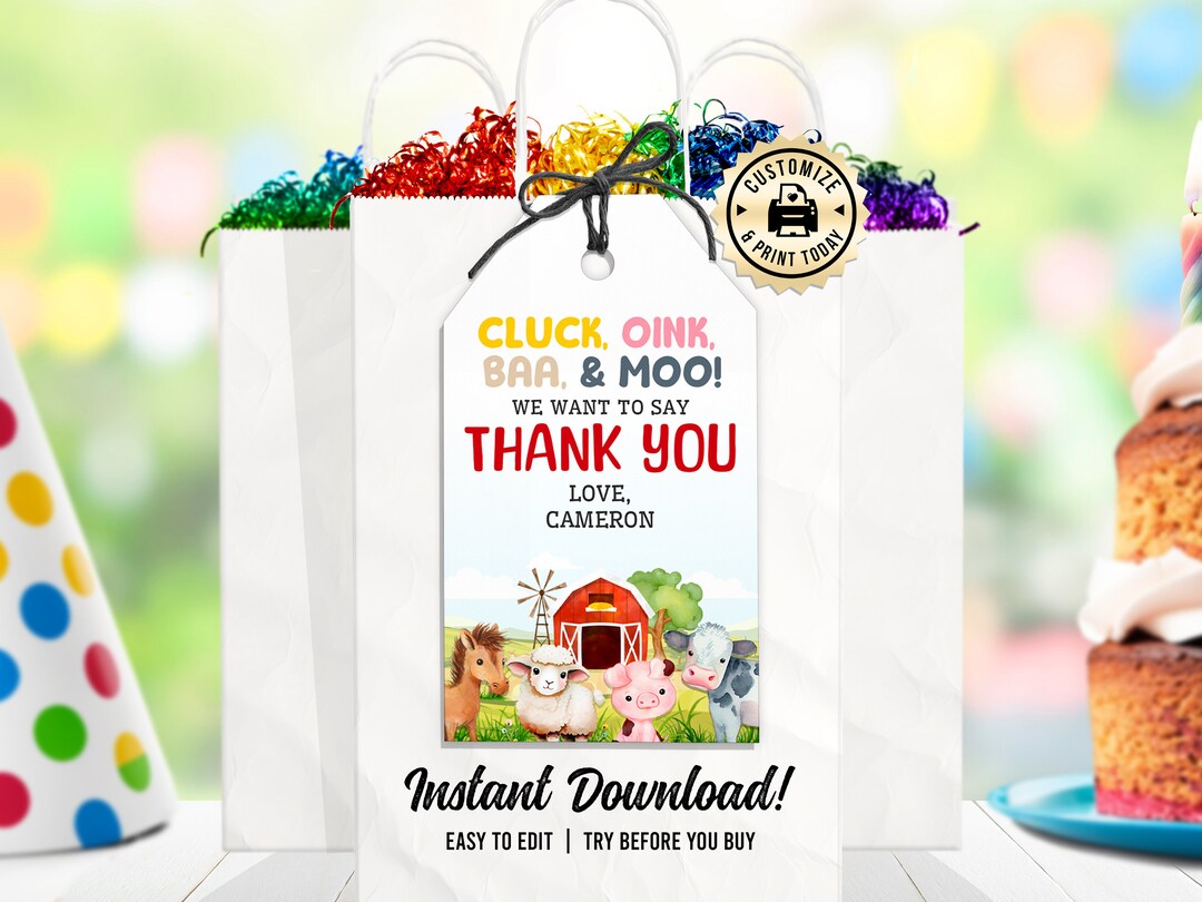 Farm Animals Thank You Tag Editable Barnyard Bash Kids Birthday Party ...