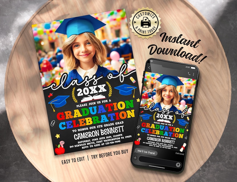 Kids Graduation Party Photo Invitation | Editable Moving up Ceremony ...