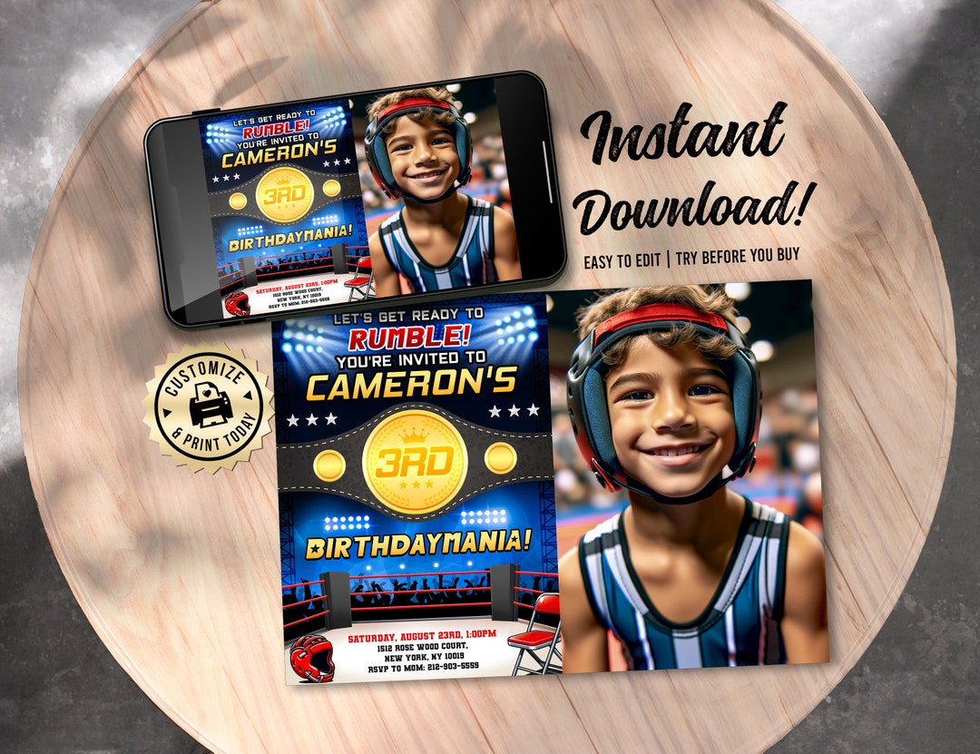 Pro Wrestler Birthday Photo Invitation | Editable Wrestling Tournament ...