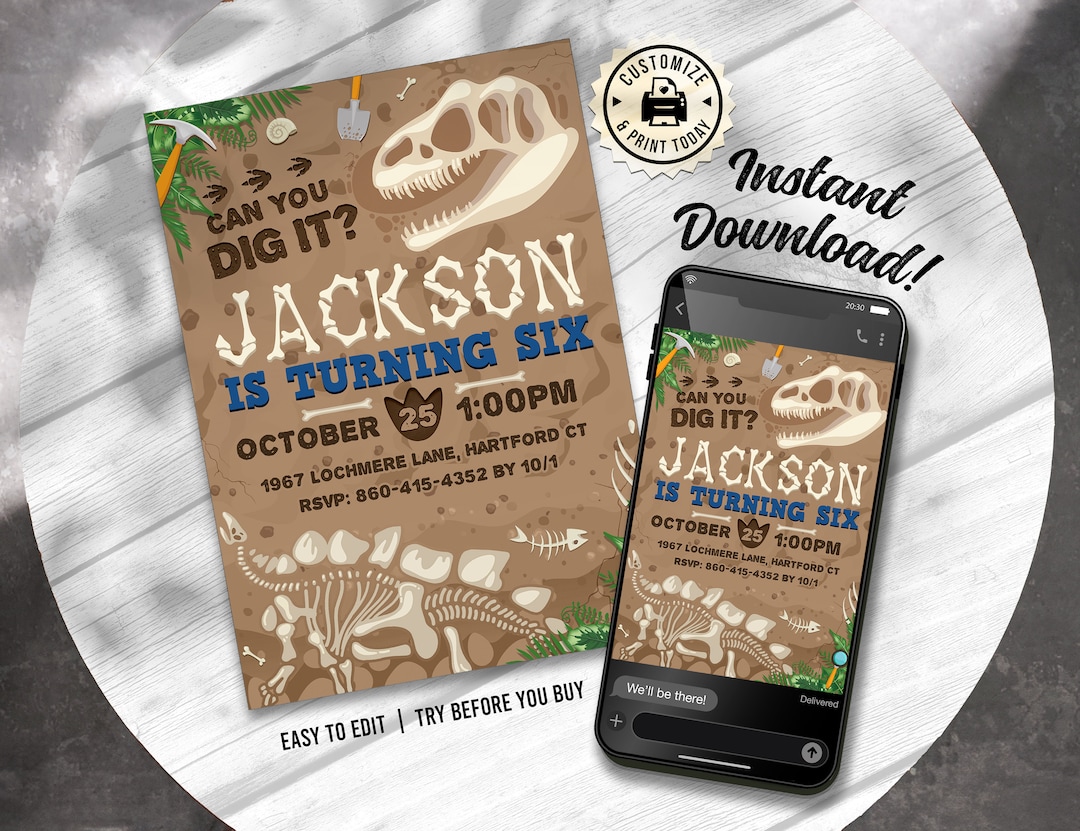 Dinosaur Dig Birthday Invitation | Find A Fossil Archaeology Dino Bones ...