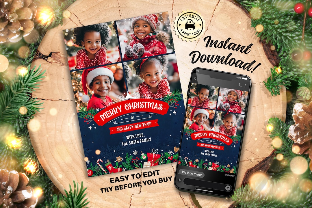 Christmas Photo Collage Card Editable Family Greeting Holiday Card ...
